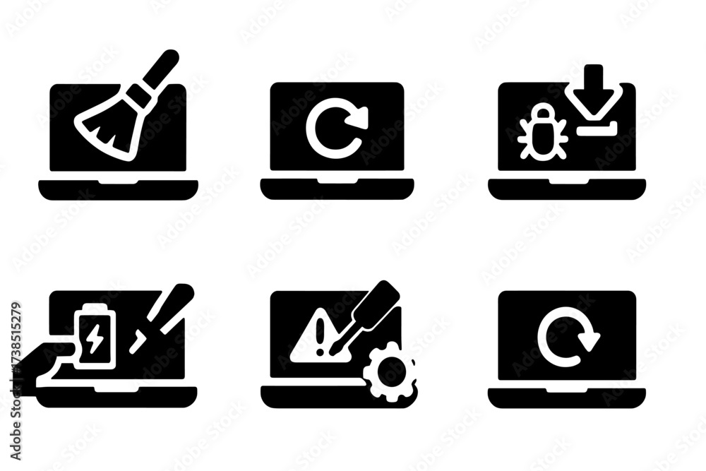 Laptop Maintenance Icons. Solid, filled icon set of laptop maintenance ...