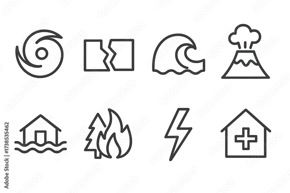 Natural Disaster Icon Set. Outline icon set of natural disaster risk ...