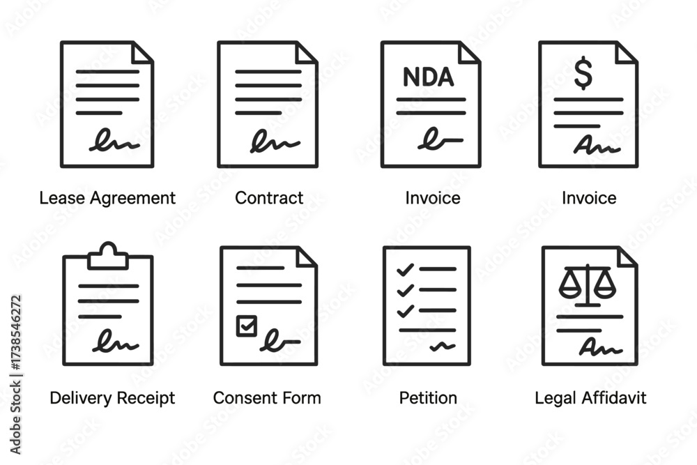 Icon Sets Collection. Outline icon set of signature documents: lease ...