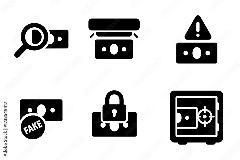 Banknote Security Icons. Solid, filled icon set of banknote security ...