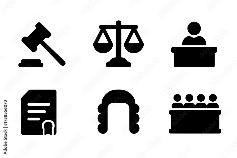 Court Symbol Icons. Solid, filled icon set of court symbols: gavel ...