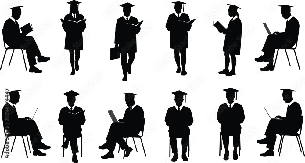 Graduate students and people in graduation gowns and caps, reading ...