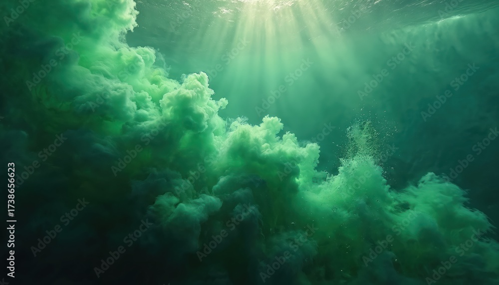 Underwater view of green toxic cloud. Pollution contaminates ocean with ...