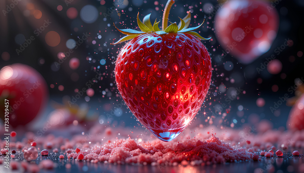 Floating crystal glass strawberry with high detail seeds, surrounded by ...