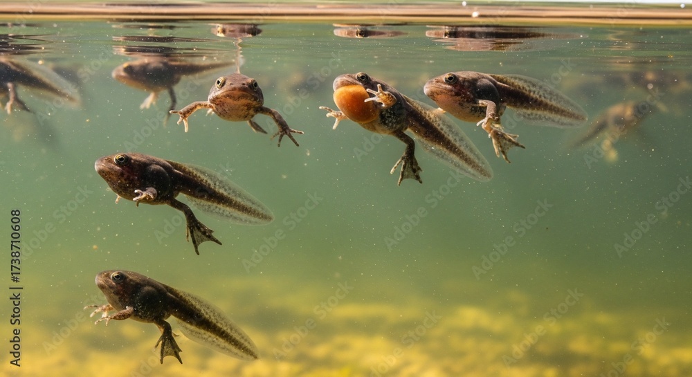 Photo Stock Tadpoles in various stages of metamorphosis swim in murky ...