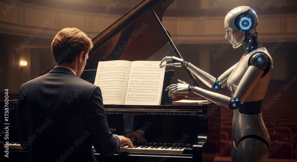 Robot and human playing piano together in a concert hall with sheet ...
