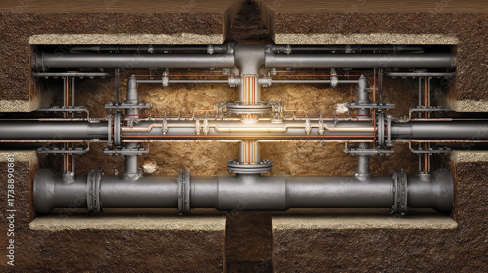 Underground Pipe System Illustration with Complex Layout and Detailed ...