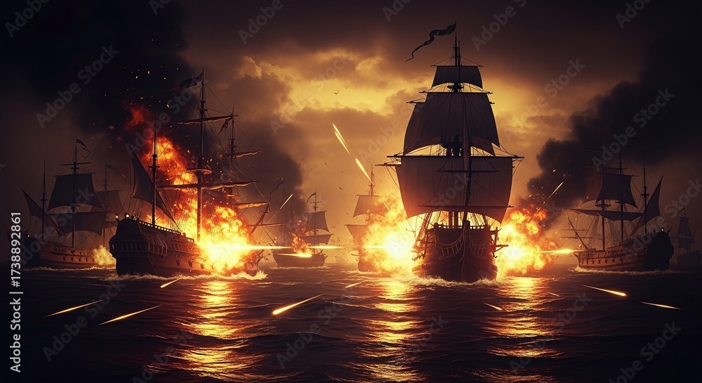 Sailing ships engaged in an intense naval battle with cannon fire and ...