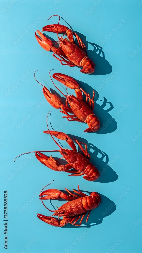 Four bright red cooked crayfish are positioned in a straight line on a ...