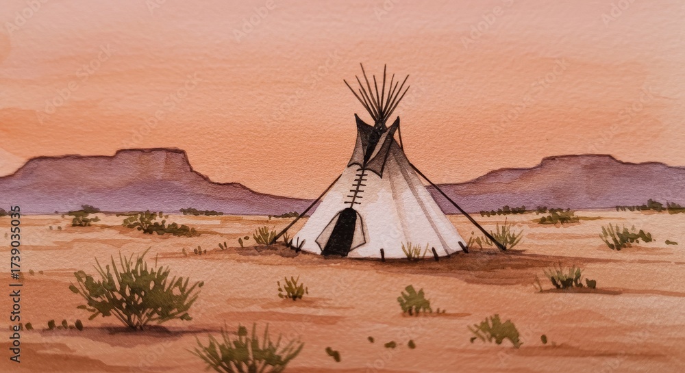 Illustration Stock Native American tipi tent in desert landscape ...