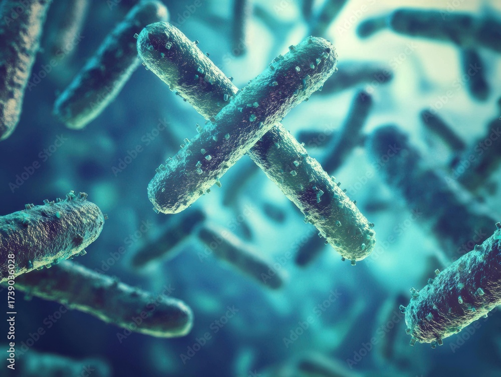 Microscopic view of numerous rod-shaped bacteria against a blue ...