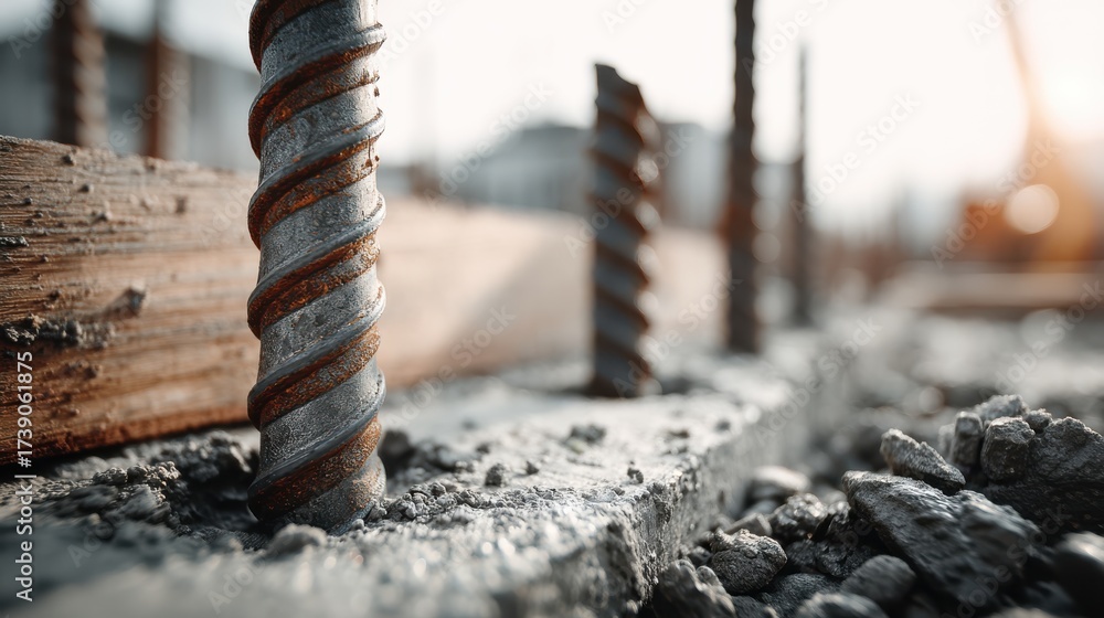 Protruding steel bars from partially poured concrete standard at ...