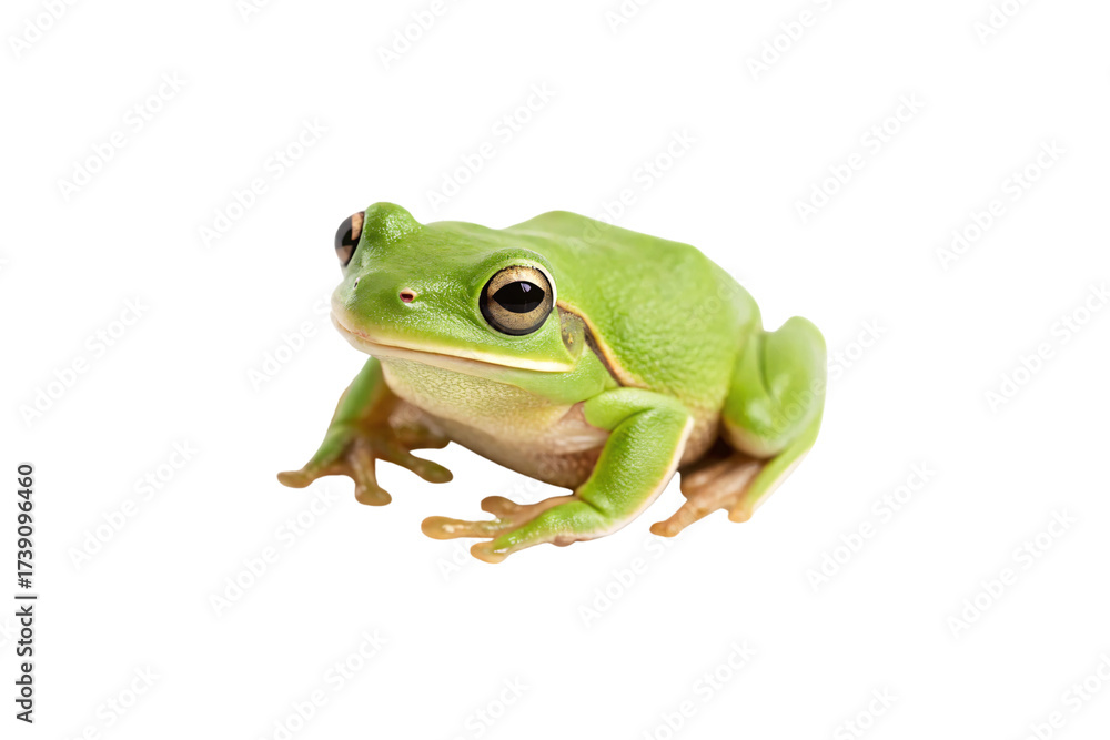 Lime green tree frog sitting at angle, prominent golden eye with dark ...
