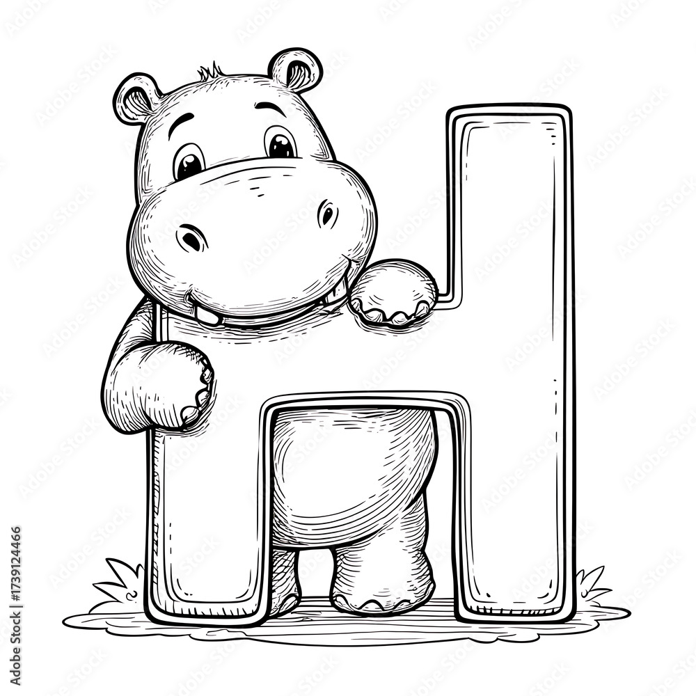 Happy Hippo Letter H Coloring Page Stock Illustration | Adobe Stock
