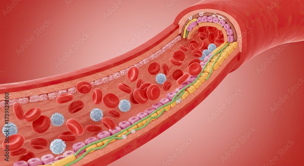 Detailed cross section of a human artery revealing circulating red ...