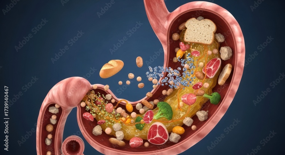 Detailed 3d anatomy of human stomach digestion process with food ...