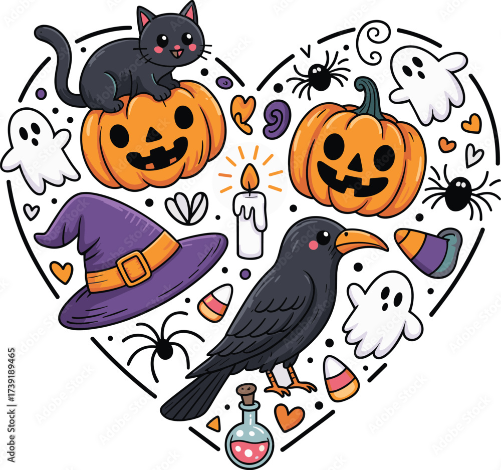 Image vectorielle Stock Halloween heart shape, cartoon ghost, jack-o ...