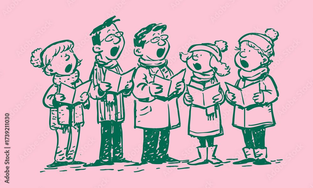 Pencil draw sketch of carolers singing Christmas songs together in ...