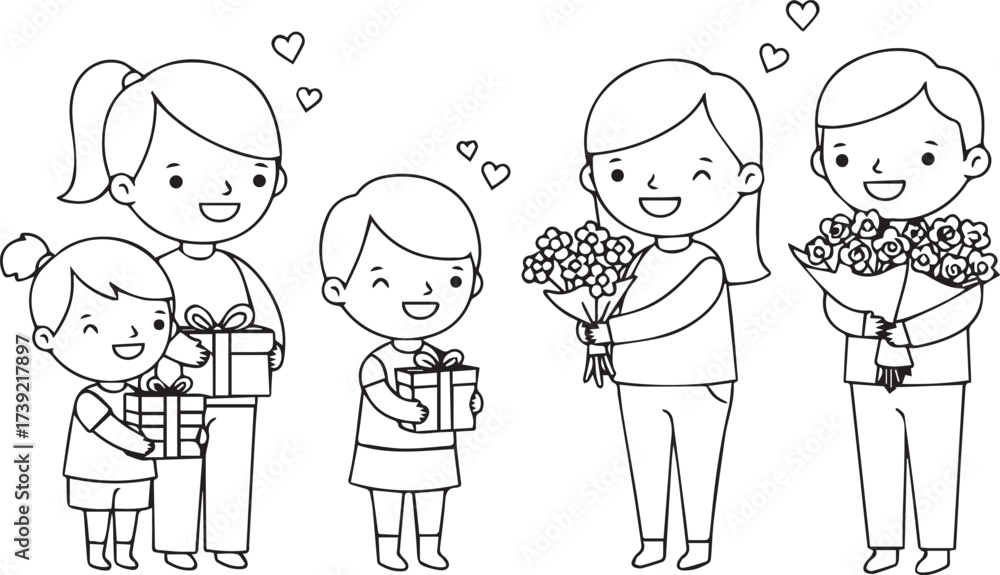 Cartoon kindness scene with people giving gifts and hugs outline ...