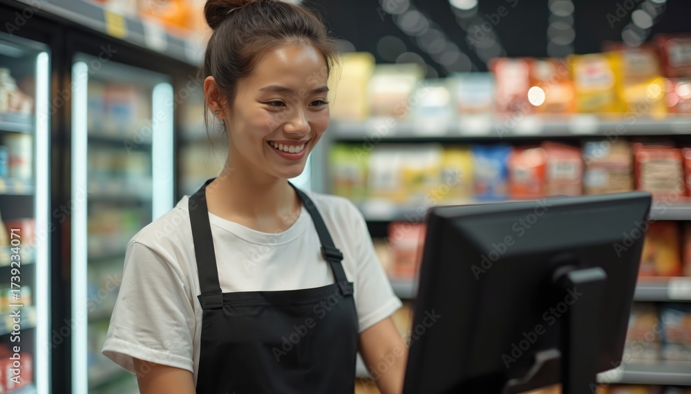 Smiling female cashier at supermarket checkout. Employee in white t ...