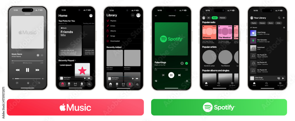 Apple Music and Spotify music app UI template 2025 update with modern interface, sleek liquid ...