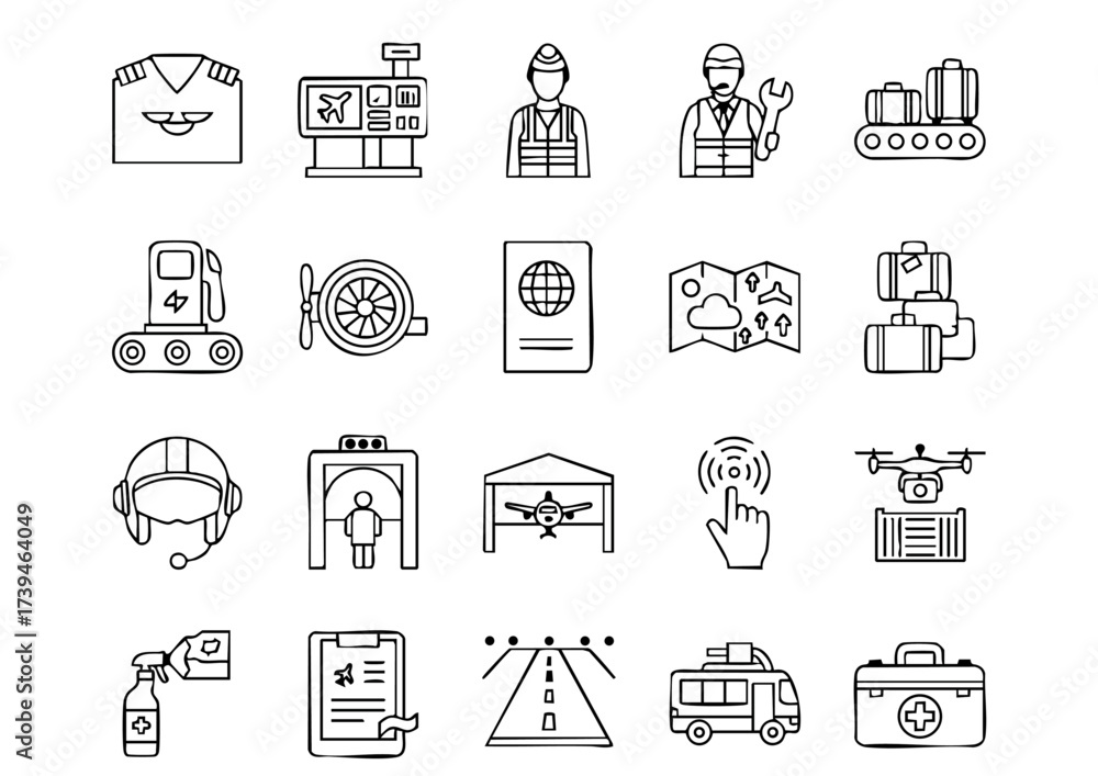 Aviation Careers & Airport Staff Icon Set, Pilot, Crew, and Ground Crew ...