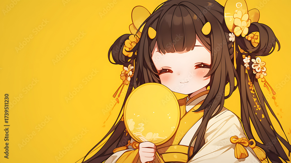 Cute anime little girl smiling wearing Japanese kemono uniform Stock ...
