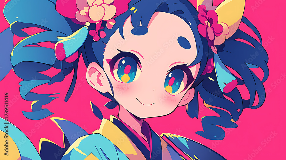 Cute anime little girl smiling wearing Japanese kemono uniform Stock ...