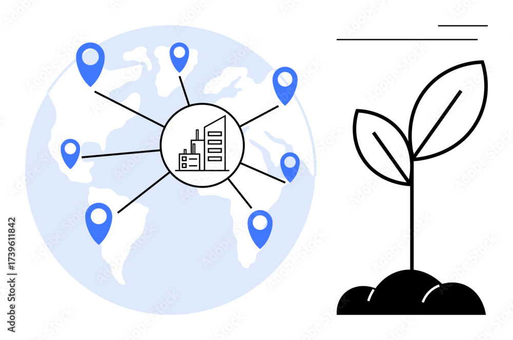 Circular world map with location markers connected to a central factory ...