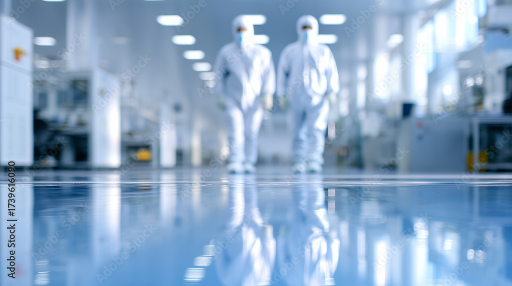 Modern semiconductor plant interior with workers in clean suits ...