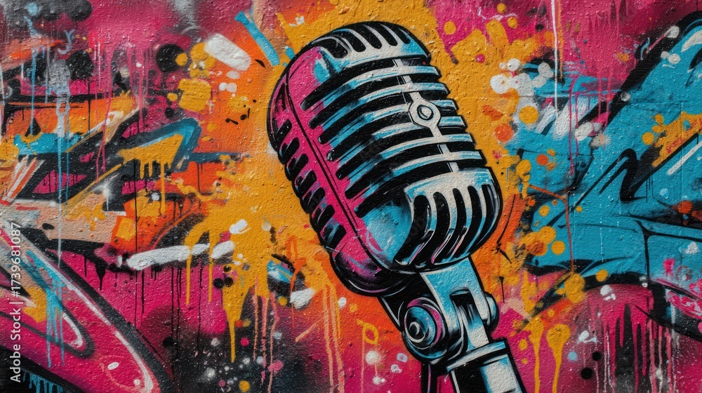 Abstract grunge graffiti on a wall forms a retro concert stage with a ...