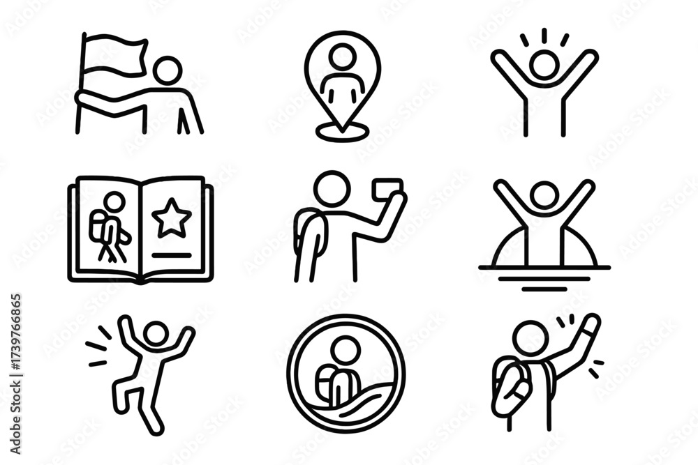 Celebrating Solo Journeys. Line style icons of celebrating solo travel ...