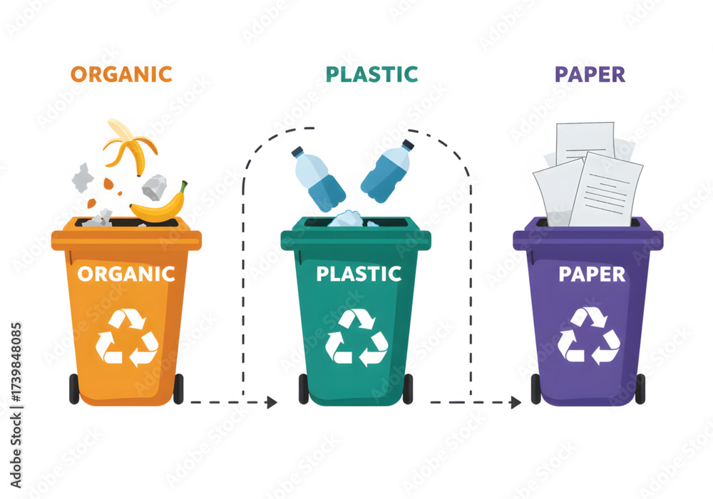 Three distinct recycling bins labeled "Organic," "Plastic," and "Paper ...