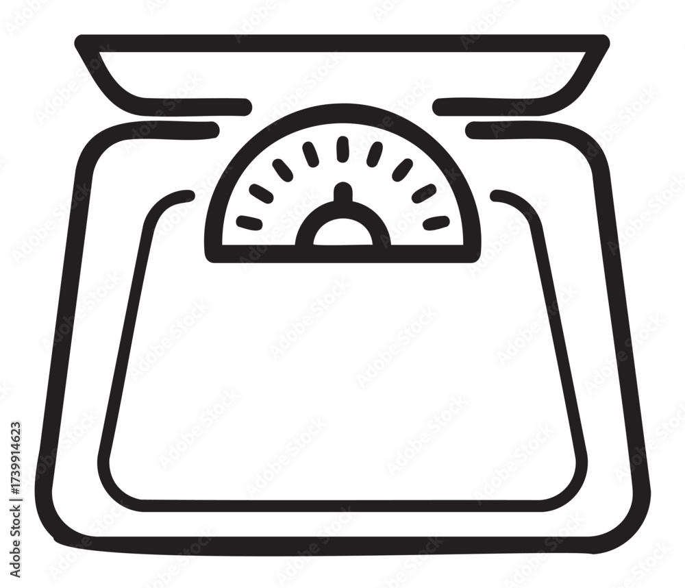 Black outline of a simple, analog kitchen scale with a dial, designed ...