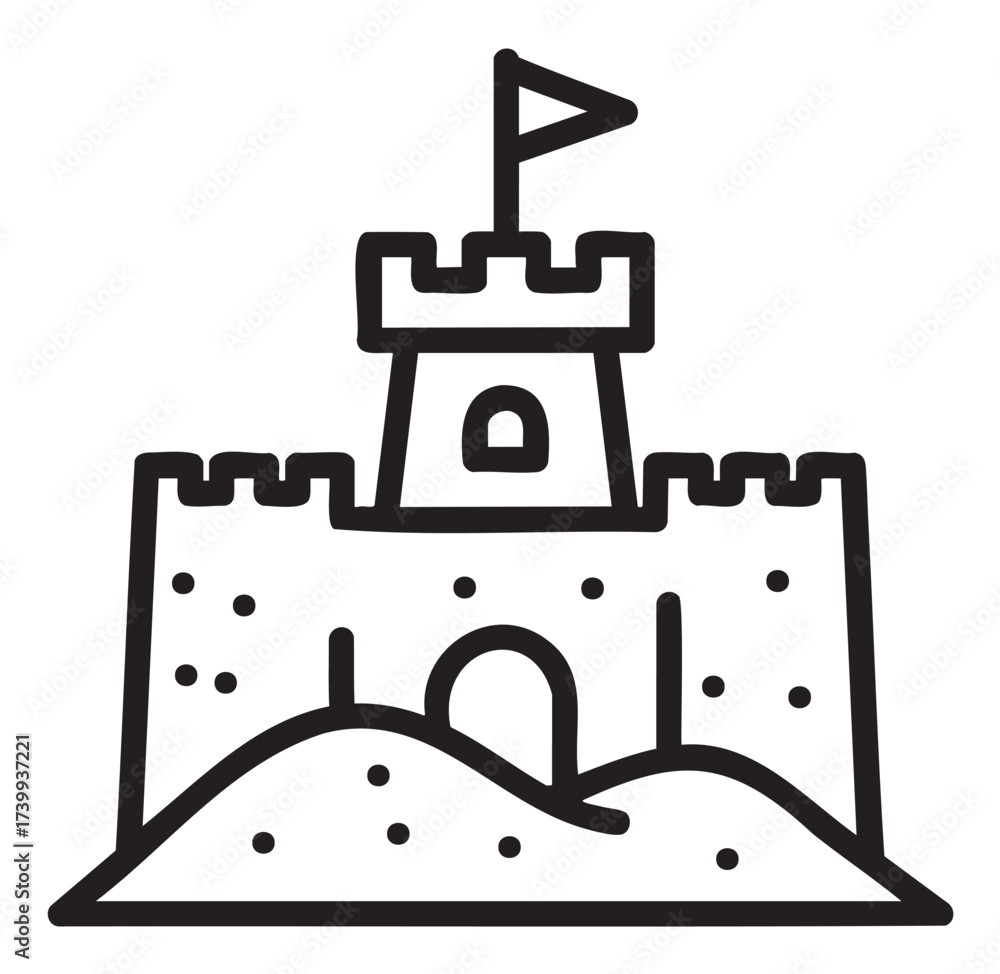 Black outline icon of a simple sandcastle with a central tower and flag ...