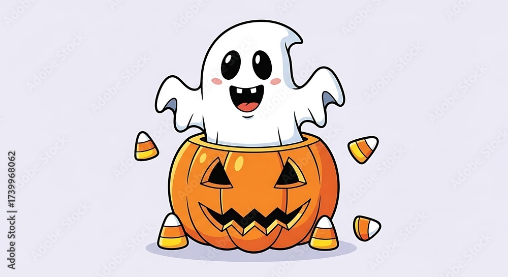 Cute cartoon ghost popping out of a carved Halloween pumpkin with candy ...