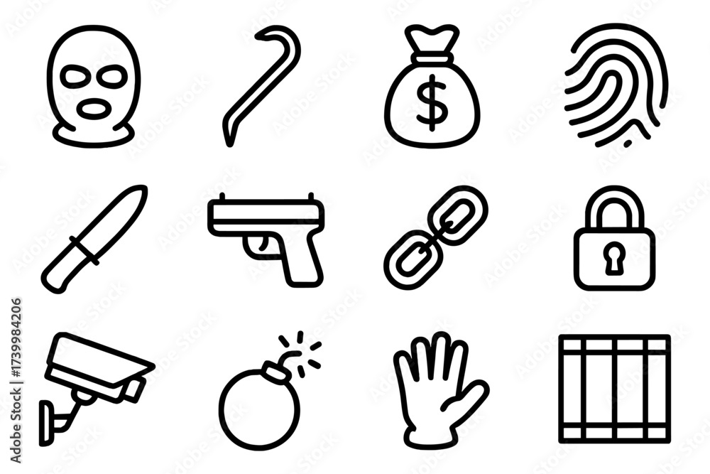 Crime and security icons: line art collection of tools and symbols for ...