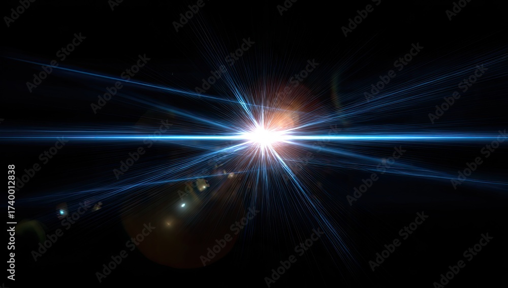 Bright white light explodes with sharp blue beams, set against a dark ...