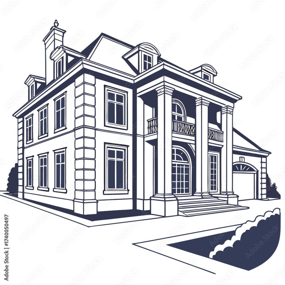Detailed line drawing of a grand twostory house with prominent columns ...