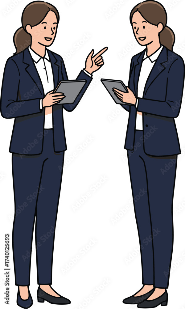 Businesswomen discussion, cartoon style, professional ablet ...