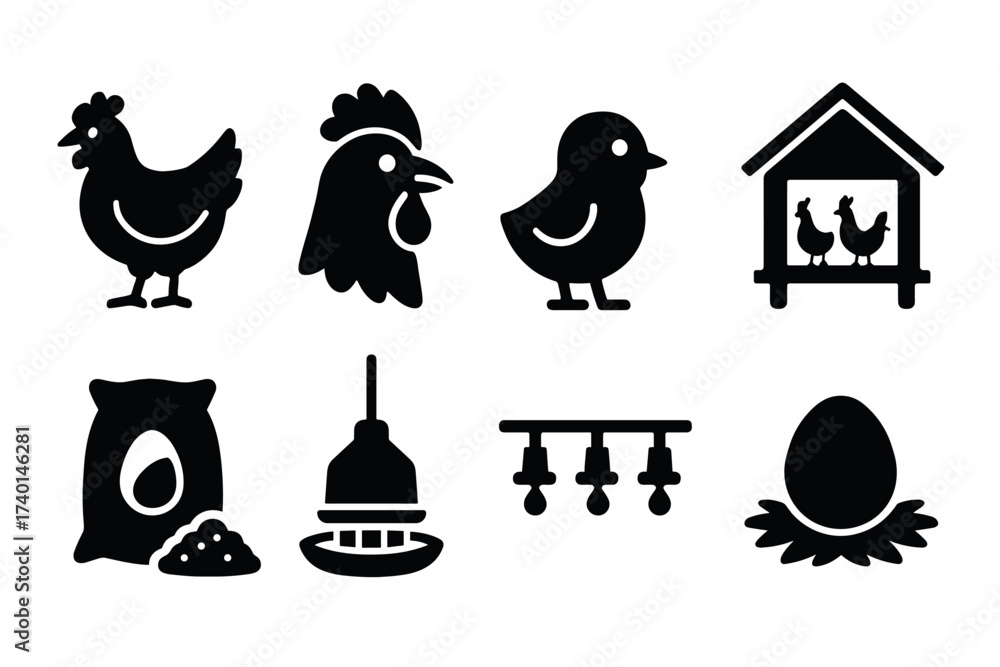 Farm and poultry icon set. Vector black symbols of chickens and egg ...