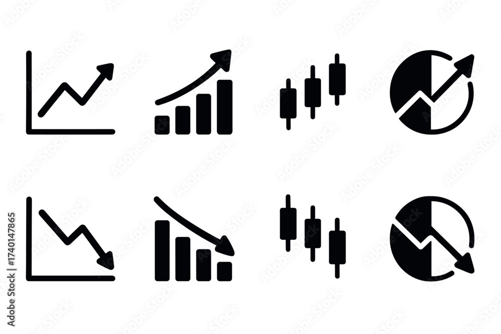 Stock market icon set. Vector black symbols of chart and trading glyph ...
