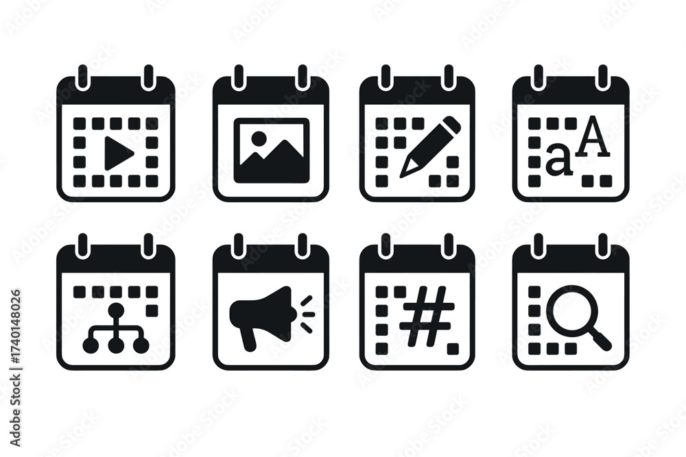 Content plan and social media calendar icon set. Vector black symbols ...