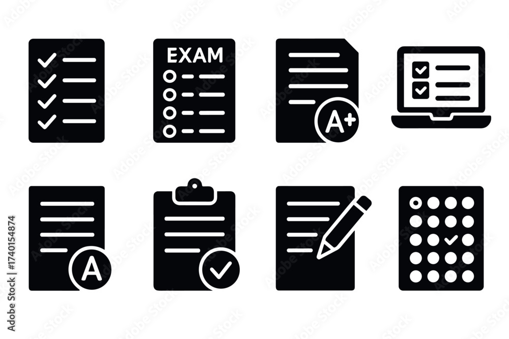 Exam and test paper icon set. Vector black symbols of academic ...