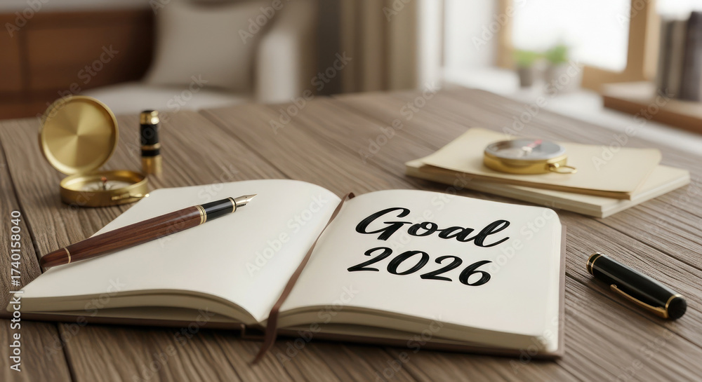 Open notebook with goal 2026 written inside pen and desk Stock Photo ...