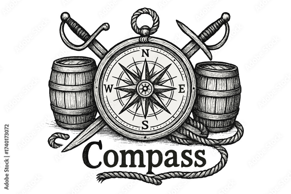 Pirate Compass Design. Hand-drawn pirate compass with ropes, barrels ...