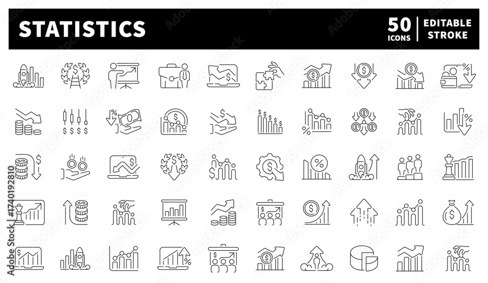 Statistics vector icons. Collection of 50 linear icon related to ...