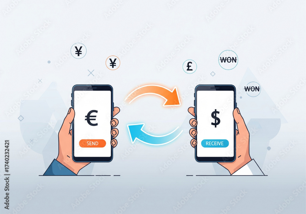 Currency exchange through mobile phones illustrating international ...