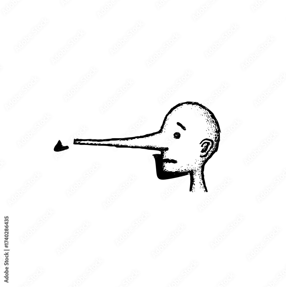 Sketch of a bald head with a very long nose and a small object at the ...