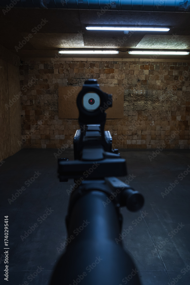 First-person shooter perspective aiming a modern rifle with a ...